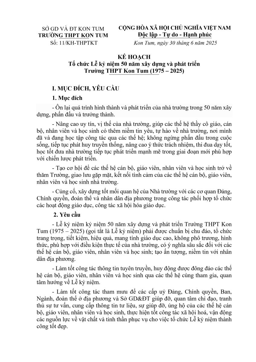 KẾ HOẠCH TỔ CHỨC LỄ KỶ NIỆM 50 NĂM XÂY DỰNG VÀ PHÁT TRIỂN TRƯỜNG THPT KON TUM (1975 – 2025)